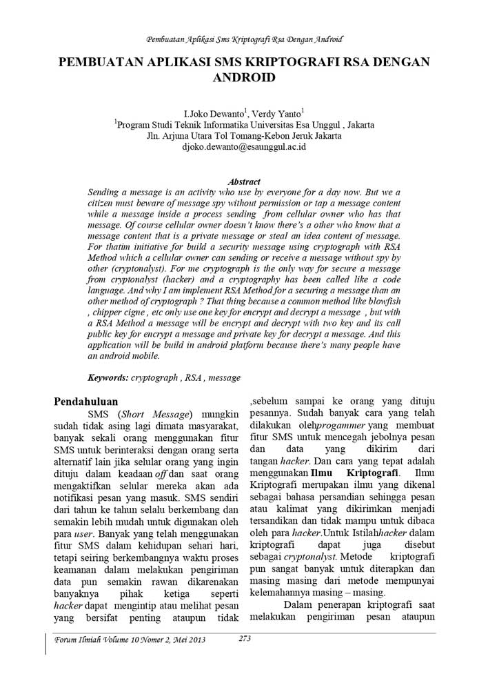Pembuatan Aplikasi SMS Kriptografi RSA Dengan Android - Universitas Esa ... Pembuatan Aplikasi SMS Kriptografi RSA Dengan Android - Universitas Esa ...